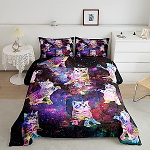 Feelyou Galaxy Unicorn Comforter Set Kids Cute Unicorn Cats Bedding Set for Boys Girls Fairy Cartoon Animal Comforter Stars Rainbow Cats Decor Quilt Set Room Decor 2Pcs Twin Size