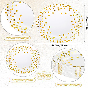 TWOWYHI 50PCS 12inch Oval Paper Plates White and Gold Disposable Paper Plates Dinner Plates for Party Graduation Wedding Anniversary Bridal Shower
