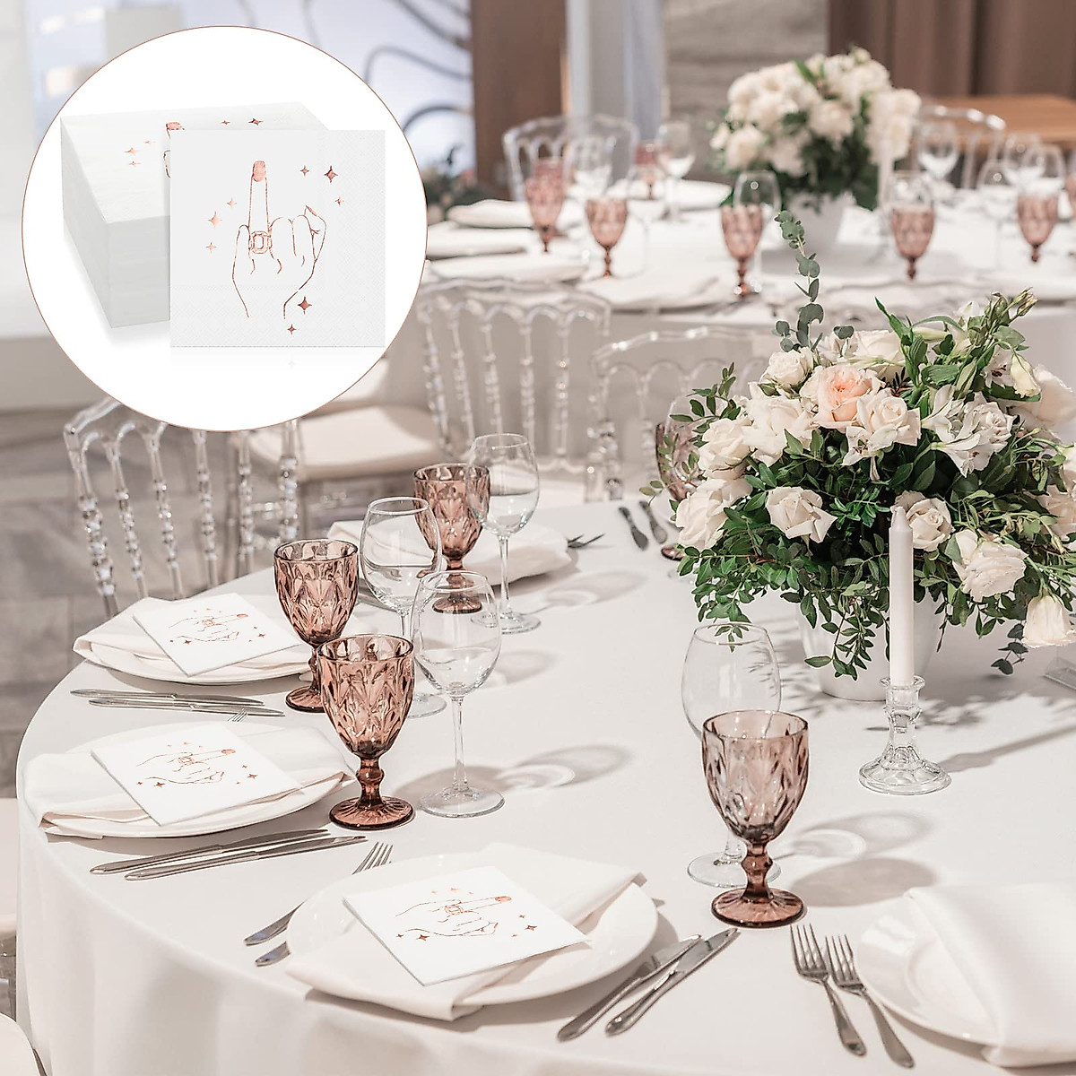 50 Pcs Wedding Napkins Rose Gold Cocktail Beverage Dessert Napkins Bridal Shower Napkins White Paper Disposable Napkins with Rose Gold Foil Ring Finger Design for Engagement Party Decorations 3 Ply