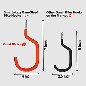 SMARTOLOGY Extra-Large Bike Hook, Rubber Coated Bicycle Hanger, Heavy-Duty Screw in Ceiling Hooks for Garage Wall and Shed, 4 Pack Oversize Tool Holder