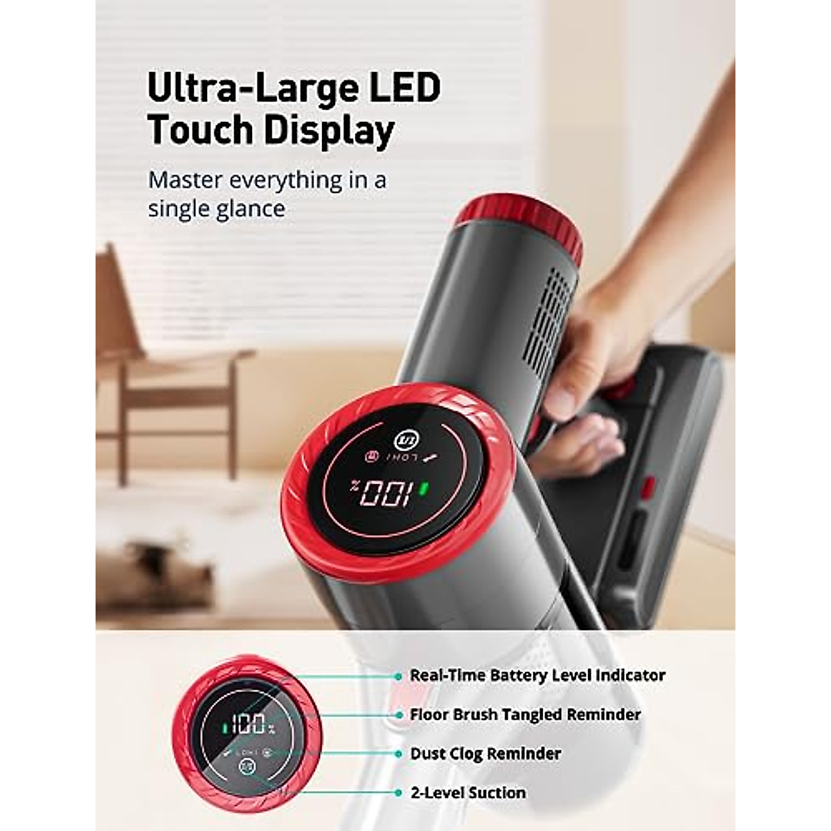 Aspiron Cordless Vacuum Cleaner, Vacuum Cleaners for Home with Large LED Touch Display, Brushless Motor, LED Headlights, Handheld Vacuum for Hard Floors, Carpets, Sofa, Car, Grey