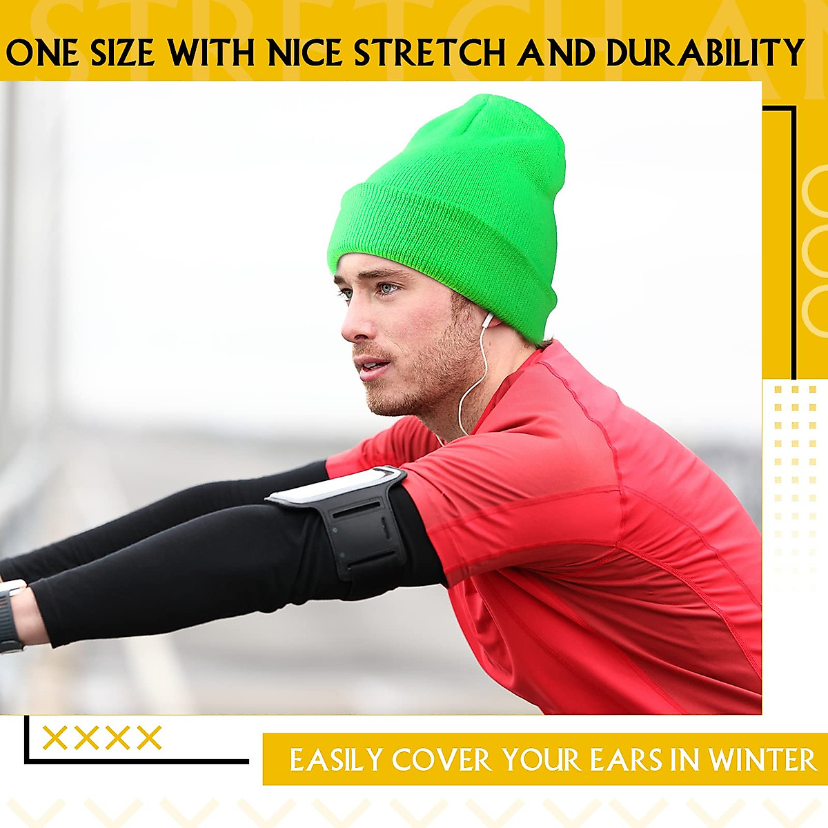 JenPen Neon Beanie Hat Slouchy Beanie Cap Unisex Knitted Winter Hat Ski Plain Beanie Cap for Men and Women (4 Pieces), Green, Yellow, Orange and Pink, One Size