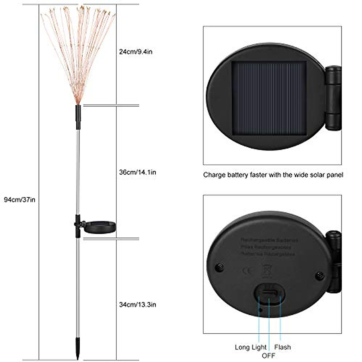 Garden Decorative Flowers Firework Lights Solar Powered 120 LED 40 Copper Wire DIY Waterproof Landscape Stake Light for Halloween, Christmas, Patio Yard Pathway Lawn Party Decor(White, 2 Pack )