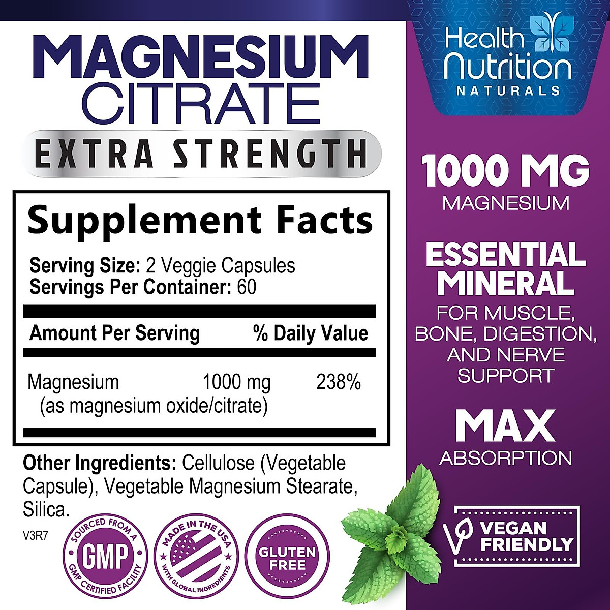Magnesium Citrate Capsules 1000mg - Max Absorption Magnesium Powder for Muscle, Nerve, Bone and Heart Health Support, High Absorption Citrate Complex, Gluten Free, Non-GMO - 120 Capsules