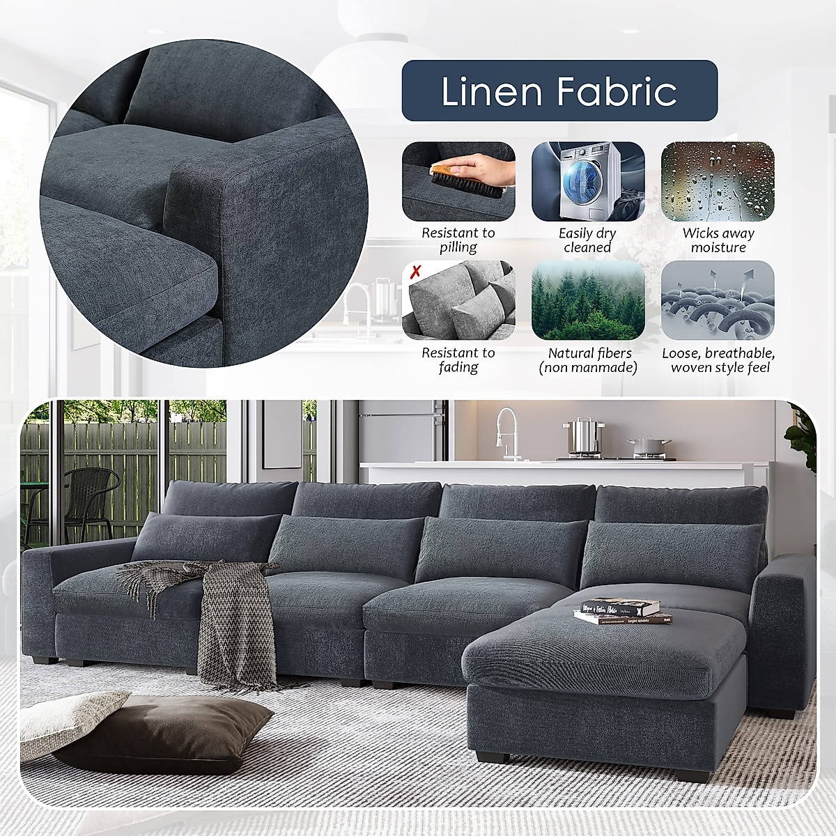 Aiuyesuo L-Shape Feather Filled Sectional Sofa, Convertible Sofa with Reversible Chaise and 4 Pillows, Movable Ottoman Sectional Couch for Living Room, Apartment, Dorm (Dark Gray-KK01)