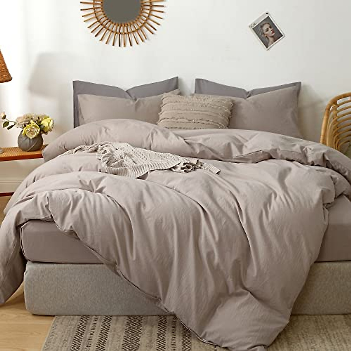 MooMee Bedding Duvet Cover Set 100% Washed Cotton Linen Like Textured Breathable Durable Soft Comfy (Taupe, King Size)