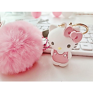 Tonsamvo Cute Keychains for Women/Girls, Kawaii Anime Pom Pom Key Chain Accessories Wristlet Keychain for Backpack Handbag Car Keys