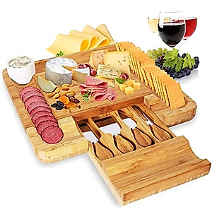 NutriChef Bamboo Natural Cheese Board Set with Bonus Condiment Cup-Extra Large Size 100% Home Organic Wooden Plate and Charcuterie Tray with 4 pcs Cutting Knife Slicer, 13" Square