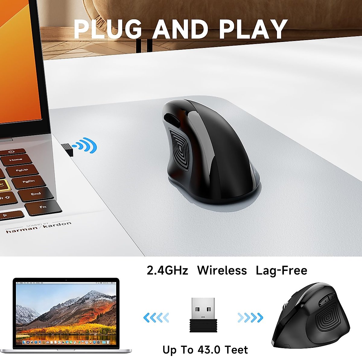 memzuoix Wireless Ergonomic Mouse,Upgraded 2.4G Optical Cordless Mice with 800/1200/1600 DPI,Vertical Computer Wireless Mouse for Laptop,Mac,PC,Desktop (for Right Hand,Large),Black Mouse