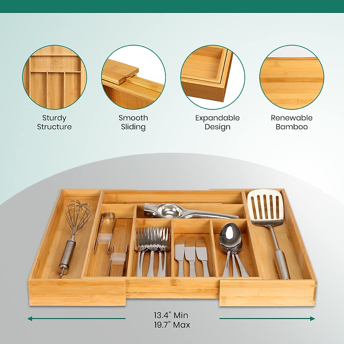 TreeLen Bamboo Expandable Drawer Organizer, Adjustable Cutlery Organizer in Drawer, Kitchen Utensil Organizer Silverware Tray for Drawer, Cutlery Tray Utensil Tray, Silverware Holder for Drawer