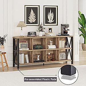 FATORRI 8 Cube Storage Organizer Bookshelf, Rustic Wood Cubby Bookcase, Industrial Horizontal Long Shelf for Living Room (Rustic Oak, 62 Inch)