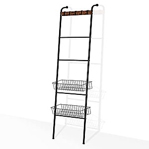 Blanket Ladder Black Farmhouse Leaning Towel Ladder Holder with 2 Metal Baskets 4 Tier Decorative Ladder Rack with 5 Removable Hooks for Living Room Bathroom Bedroom, Industrial Brown