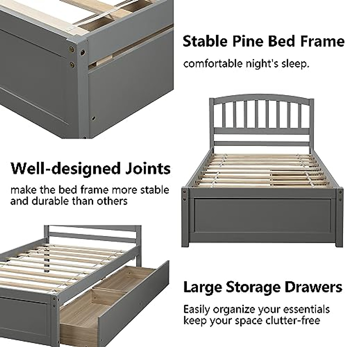 Altillo Twin Size Country Wooden Platform Bed Frames with 2 Storage Drawers/Headboard, Modern Platform Bed with Solid Wood Slat Support for Bedroom Boys Girls Adults Teens, Noise-Free (Gray)