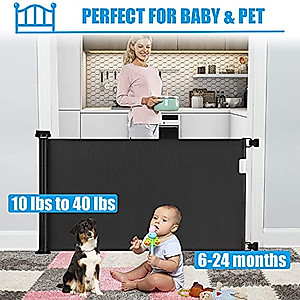 Double Elite Retractable Stair Gate 71 inch Widest Baby Safety Gate, 34” Tall, One Hand Operated Baby Gate with Spacers/Upgraded Parts, Indoor/Outdoor Stair Gate for Baby/Pet Dog/Stairway, Black