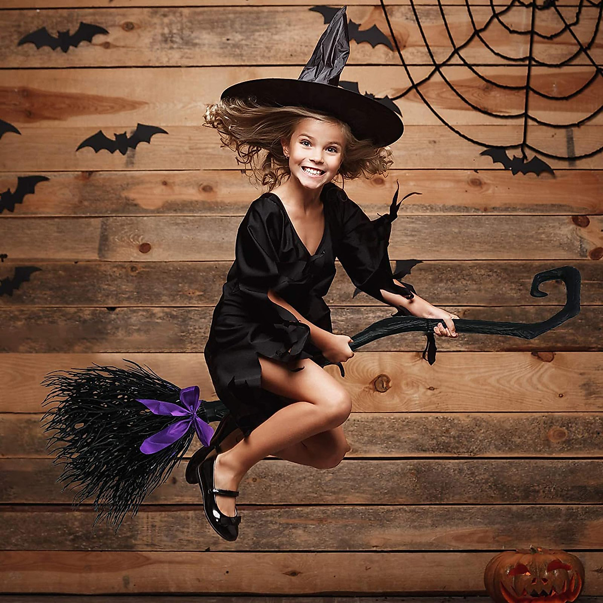 Witch Broom with Ribbon, Halloween Decoration Party Favor Photo Booth Accessories (Black, 130cm*25cm)