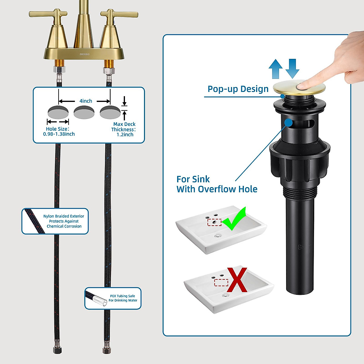 Bathroom Sink Faucet, SBOSBO 4 Inch Bathroom Faucet for Sink 3 Hole, 2 Handle Sink Faucet with Pop Up Drain Assembly and 2 Water Supply Hoses for RV Bathroom Vanity (Brushed Gold)