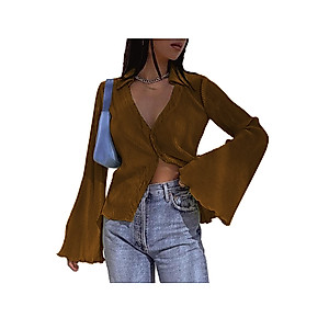 LYANER Women's Deep V Neck Button Front Bell Long Sleeve Blouse Shirt Top Brown Small