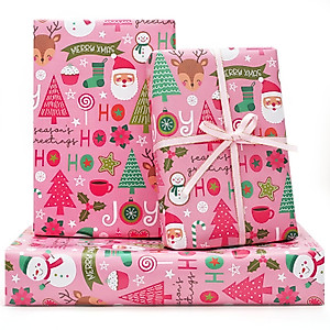 Pink Christmas Wrapping Paper, Baby Pink Merry Christmas Xmas Santa Snowman Wrapping Paper with Pink Ribbon 7 Folded Sheets 28x20 Inches Santa Wrap Paper for Kids Girls Women Christmas Holidays