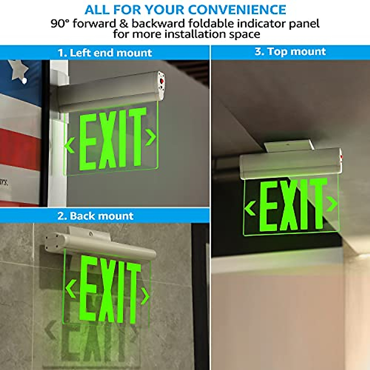 LEONLITE Green Exit Signs for Business, UL 924, LED Edge Lit Exit Sign, Hardwired Emergency Exit Lights with Battery Backup, Rotating Acrylic Clear Panel, Top/Side/Wall Mount, AC 120/277V, Pack of 4
