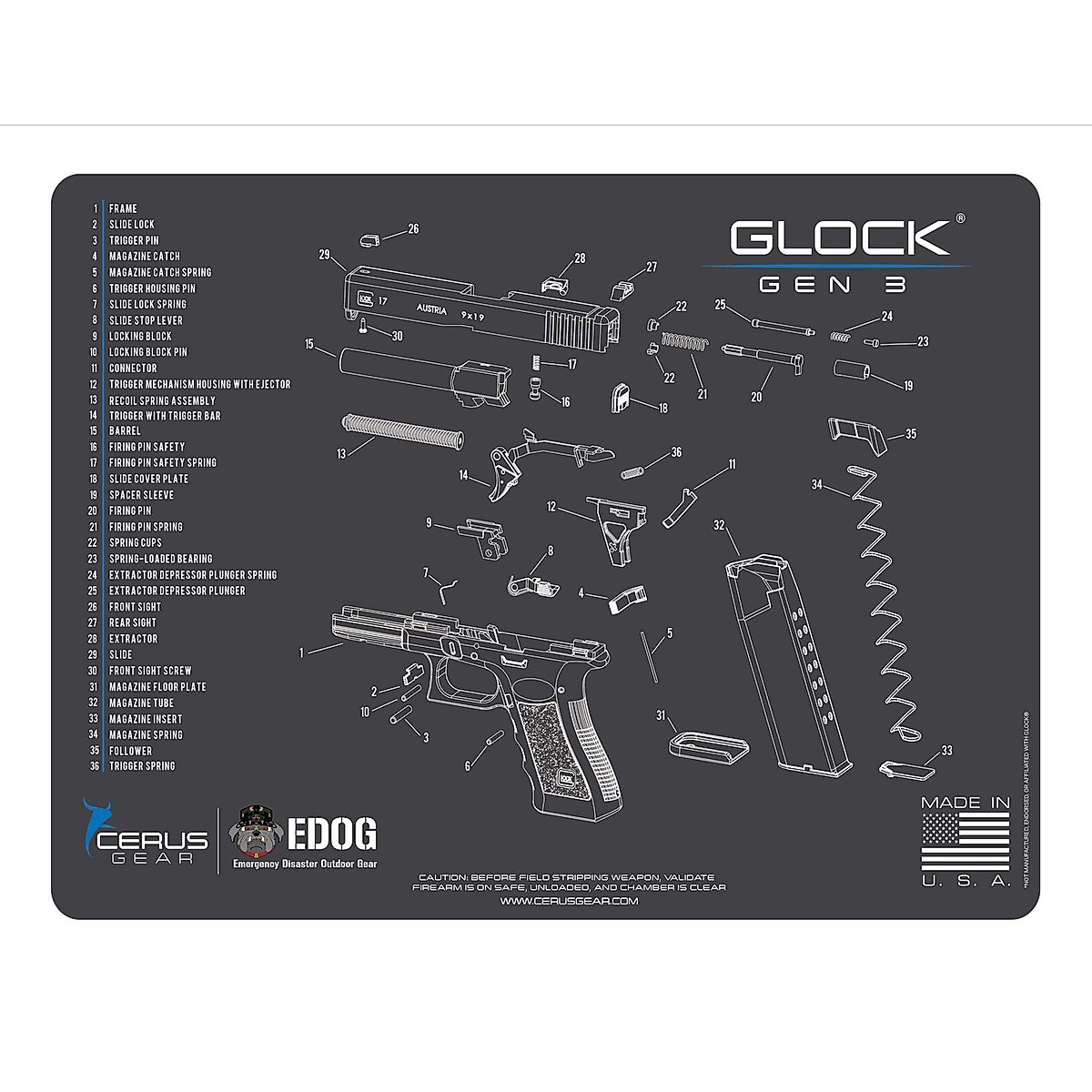Gen 3 Gun Cleaning Kit & Accessories Compatible with Glock Gen 3 Pistol Schenatic Cleaning Mat for 22.38 9mm .45 Hoppes Gun Oil & Solvent Clenzoil CLP Cleaner Brush Picks & Patches