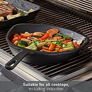 MasterPRO Pre-Seasoned Cast Iron Skillet - Unique Cooking, Saute and Frying Pan for Indoor and Outdoor Use – BBQ Grill, Fire, Oven Safe Camping Cookware, 11” Griddle, Black