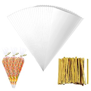 Dxlam 100 Pcs Cone Cellophane Bags, 6x12 Inches Clear Plastic Cone Shaped Treat Bags with 100 Twist Ties for Party Favor, Gift Wrapping, Packaging Decorations Storage