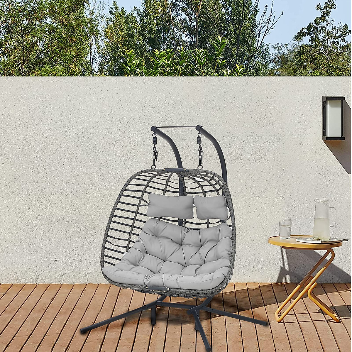 IRONKOM 2 Person Wicker Double Swing Chair with Cushion Grey