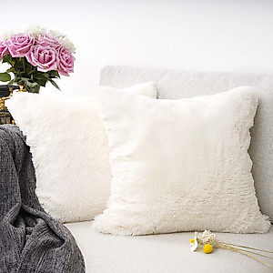 YOUR SMILE Pack of 2, Decorative Plush New Luxury Series Merino Style Faux Fur Throw Pillow Case Cushion Cover 18" x 18"(Ivory,White)