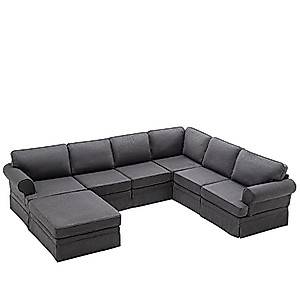 Evedy Modern Upholstered Fabric Modular Sectional Sofa, L-Shaped Couch with Removable Ottoman for Living Room, Bedroom or Office, Dark Gray c