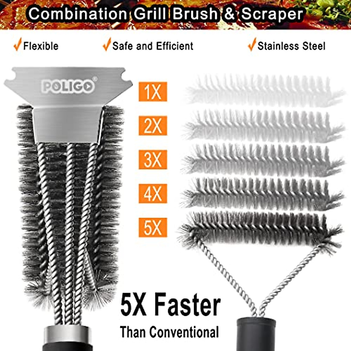 POLIGO Safe Grill Brush and Scraper with Deluxe Handle - 18" Grill Cleaner Brush Stainless Steel Bristle Grill Brush for Outdoor Grill Wizard Grate - BBQ Brush for Grill Cleaning Ideal Grilling Gifts