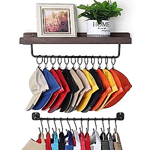 HYDERMUS Hat Rack for Wall with Shelf for 24 Baseball Caps Metal Hat Organizer with 12 Clips and 12 Hook Hat Holder Wall Mounted for Baseball Caps Trucker Hat and Others Hat Weathered Walnut
