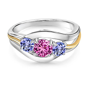 Gem Stone King 925 Sterling Silver and 10K Yellow Gold Round Pink Created Sapphire and Blue Tanzanite 3 Stone Ring For Women (1.15 Cttw, Available In Size 5, 6, 7, 8, 9)