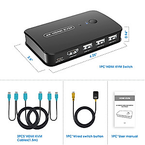 4K KVM Switch HDMI 2 Port Box, USB and HDMI Switch for 2 Computers Share Keyboard Mouse Printer and one HD Monitor, Support UHD 4K@30Hz, with Remote Controller and 2 KVM Cables