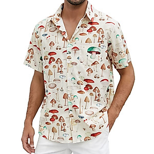 PAODIKUAI Men's Printed Shirt Button Down Short Sleeve Cute Mushroom Hawaiian Shirt (Mushroom Yellow, Small)