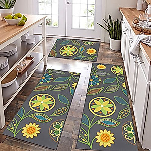 HEBE Floral Kitchen Rug Sets 3 Piece with Runner Non Slip Kitchen Rugs and Mats Washable Kitchen Mats for Floor Boho Area Rugs Doormat Carpet for Hallway Entryway Laundry Living Room