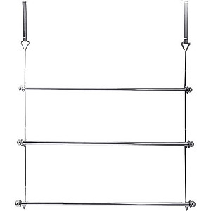 MyGift 3 Tier Silver Metal Over The Door Bathroom Towel Rack, Small Space Extra Storage Towel Bar Hanger