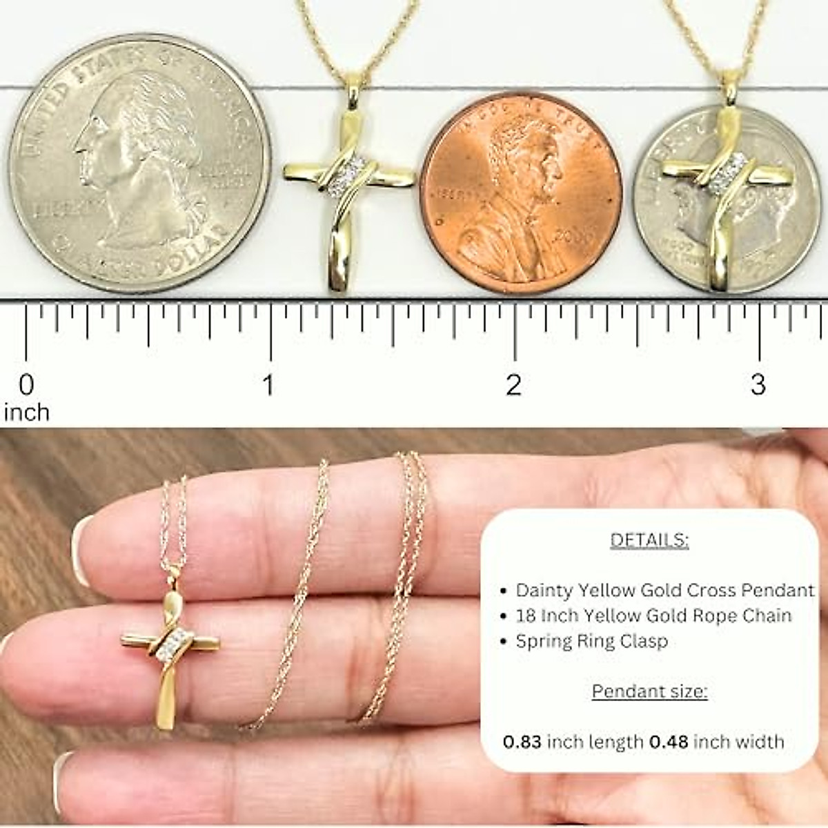 GILDED Small 10 Karat Yellow Gold Natural Round-Cut Diamond Accent 3 Stone Cross Pendant with an 18 Inch Chain