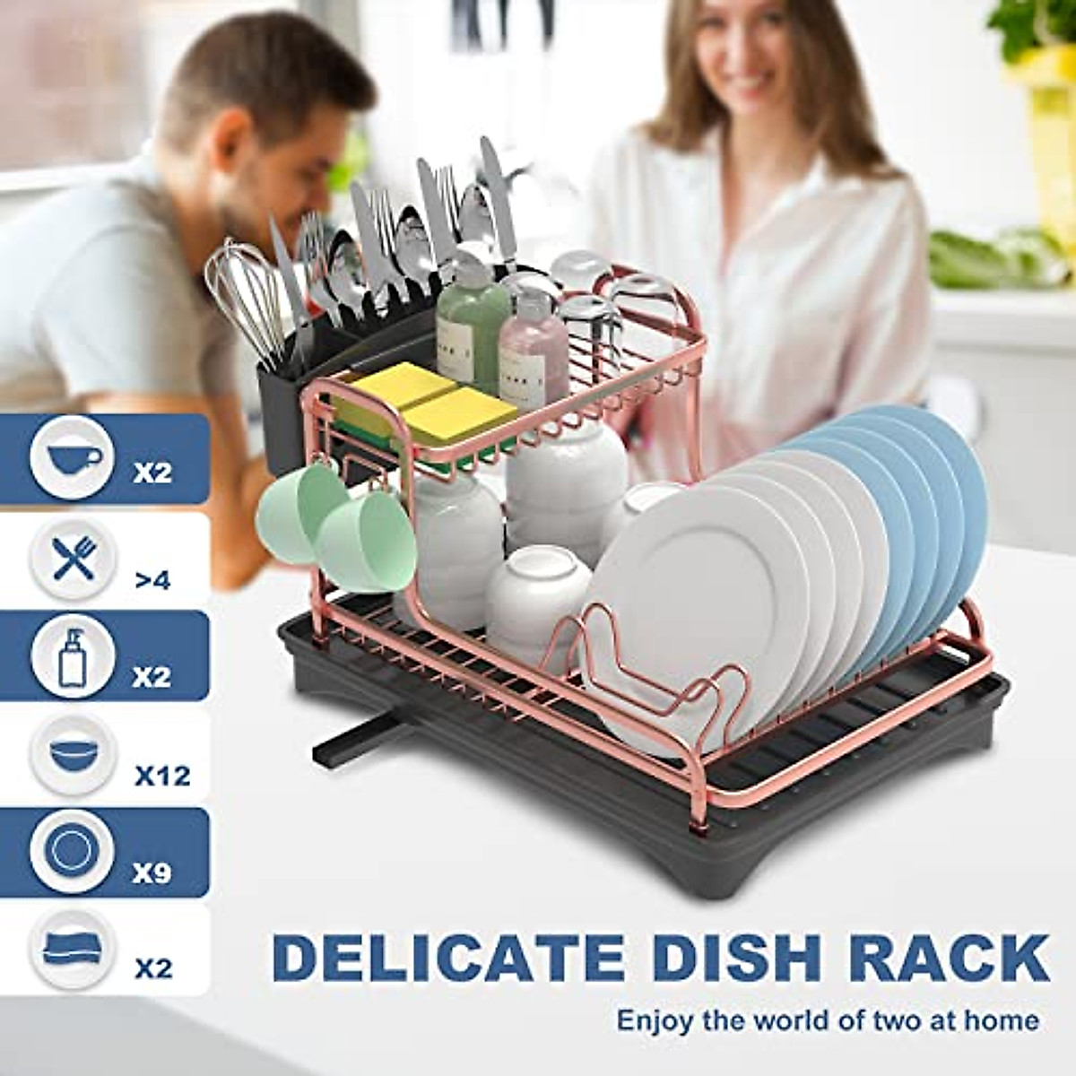 CAOANTRY Aluminum Dish Drying Rack, 2-Tier Rustproof Dish Rack with Automatic Drainborad Set, Small Dish Drainers- Space Saver for Kitchen Countertops, Rose Gold
