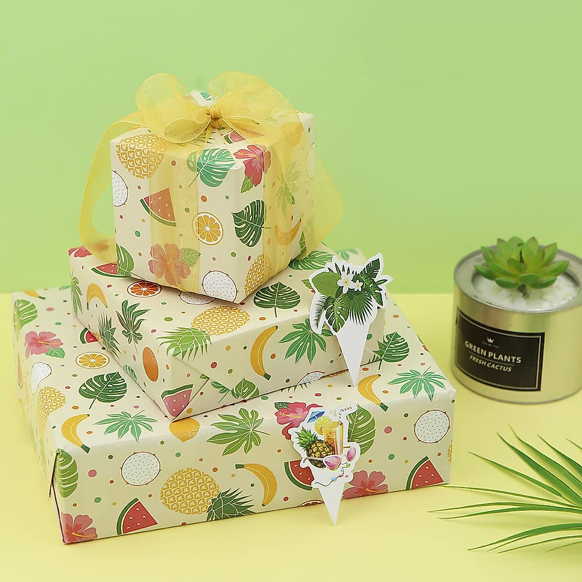 Aloha Floral Hawaiian Luau Wrapping Paper 6 Sheets, Pitaya Pineapple Orange Banana Watermelon Lemon Summer Fruit Floral Monstera Palm Turtle Leaves Tropical Island Themed Wrap Paper Sheet for Gift Wrapping, Birthday, Baby Shower, Aloha Hula Party Decorati