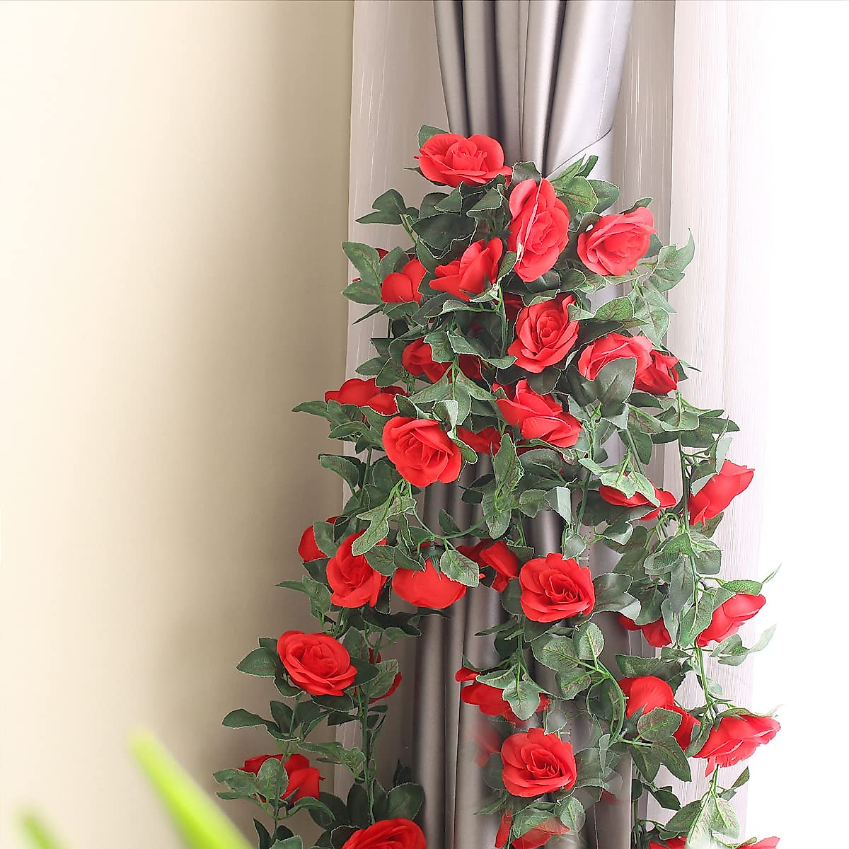Yebazy 2PCS(15FT) Rose Garland Red Roses Vine Artificial Flowers Plants for Hotel Wedding Home Party Garden Craft Art Decor (Red)