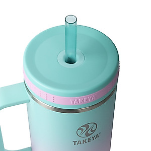 Takeya Straw Tumbler with Handle - Beverage Tumbler for Coffee, Water & More - Durable Tumbler with Built-In Silicone Coaster & 2 Straws - Double Stainless Steel Insulation - 40 oz, Ombre Dream