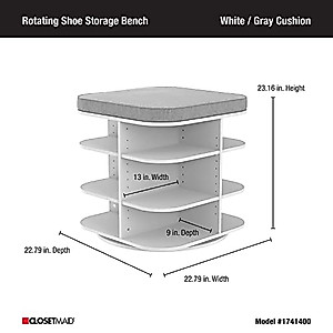 ClosetMaid Shoe Storage Bench Ottoman, Rotating with Gray Cushion, Adjustable, White Finish
