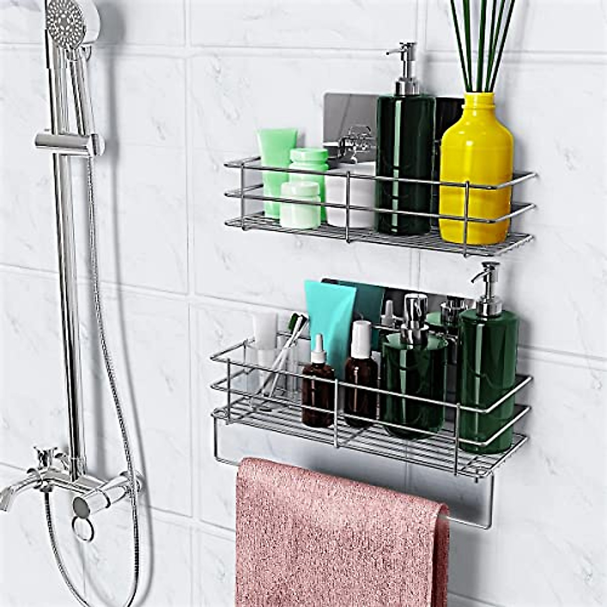 WECVLAG Shower Caddy Organizer Stainless Steel Bathroom Shelf Holder with Adhesive Hooks No Drilling Rustproof Bathtub Shelves 2 Pack Wall Mounted Storage Racks for Kitchen