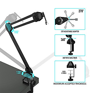 Microphone Boom Arm Mic Stand Mount Clamp Stand Microphone With 3/8" to 5/8" Screw Adapter And Cable Management Channels Desktop Arm Boom Stand Broadcasting Podcast Recording Gaming Live StreamIing