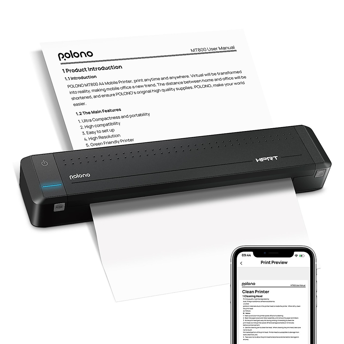 Portable Printer, POLONO MT800 2.0 Wireless Bluetooth Thermal Printer, Support 8.5" X 11" US Letter, Compatible with Android and iOS, Mobile Thermal Transfer Printer for Travel, Mobile Office and Home