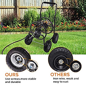 LAUREL CANYON Garden Hose Reel Cart, Heavy Duty Hose Reel Cart with 4 Wheels, Storage Basket Design, 6' 5/8" leader hose include, Holds 250-Feet of 5/8" Hose Capacity for Garden & Yard, Black