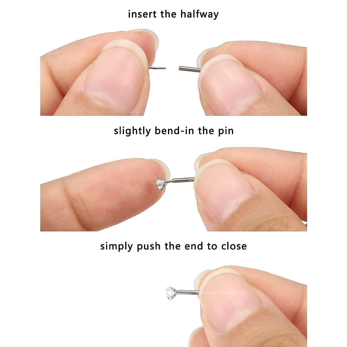 Prjndjw 18G Push Nose Rings Studs Surgical Steel Threadless Nose Studs Straight Bar Nose Rings for Women Men Nostril Piercing Diamond CZ 1.5mm 2mm 2.5mm 3mm Silver 15Pcs Push earrings stud