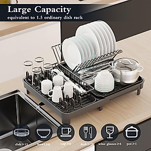 YEPATER Extendable Dish Rack, Large Dish Drying Rack with Drainboard,Cup Holder,Cutlery Drawer Organizer,Collapsible Dish Drainer for Kitchen Counter