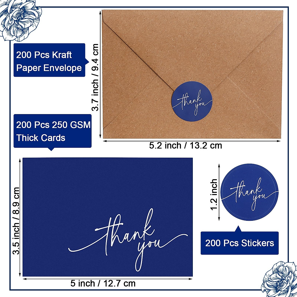 Gueevin 200 Pcs Thank You Cards with Kraft Envelopes and Stickers Bulk,3.5 x 5 Inch Classy Blank Thank You Notes for Wedding,Business,Graduation,Baby Shower,Bridal Shower,Funeral(Navy Blue)