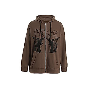 Print Zip Up Hoodie Women Men Vintage Graphic Aesthetic Sweatshirt Y2k Couple Jacket Harajuku Goth Streetwear (Coffee Angel , Large )